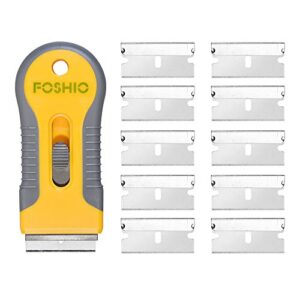 foshio retractable yellow plastic razor blade scraper tool with 10pcs extra carbon steel razor blades for glass gasket label sticker remover tool,grease paint window razor scraper