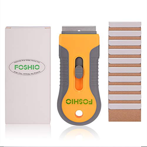 FOSHIO Retractable Yellow Plastic Razor Blade Scraper Tool with 10pcs Extra Carbon Steel Razor Blades for Glass Gasket Label Sticker Remover Tool,Grease Paint Window Razor Scraper