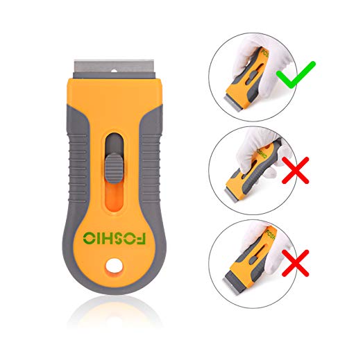 FOSHIO Retractable Yellow Plastic Razor Blade Scraper Tool with 10pcs Extra Carbon Steel Razor Blades for Glass Gasket Label Sticker Remover Tool,Grease Paint Window Razor Scraper