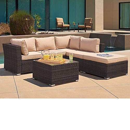 SUNCROWN 4-Piece Patio Furniture Set 83" x 81" Outdoor Sectional Sofa, 5 Seats Rattan Wicker Conversation Sets with Ottoman, Glass Coffee Table and Washable Cushions - Beige