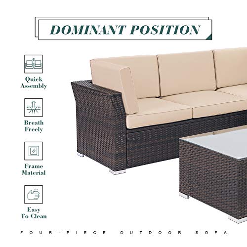 SUNCROWN 4-Piece Patio Furniture Set 83" x 81" Outdoor Sectional Sofa, 5 Seats Rattan Wicker Conversation Sets with Ottoman, Glass Coffee Table and Washable Cushions - Beige