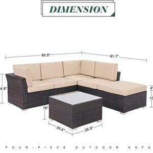 SUNCROWN 4-Piece Patio Furniture Set 83" x 81" Outdoor Sectional Sofa, 5 Seats Rattan Wicker Conversation Sets with Ottoman, Glass Coffee Table and Washable Cushions - Beige