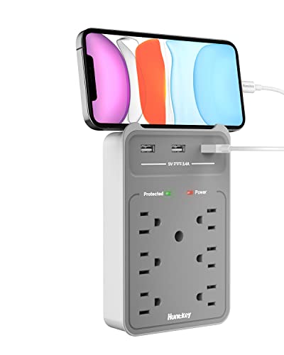 Huntkey Multi Plug Outlet 3 USB Ports 3.4 Amp with Phone Cradle, 6 AC Surge Protector Outlet 1080 Joules for Bathroom Dorm Room Office