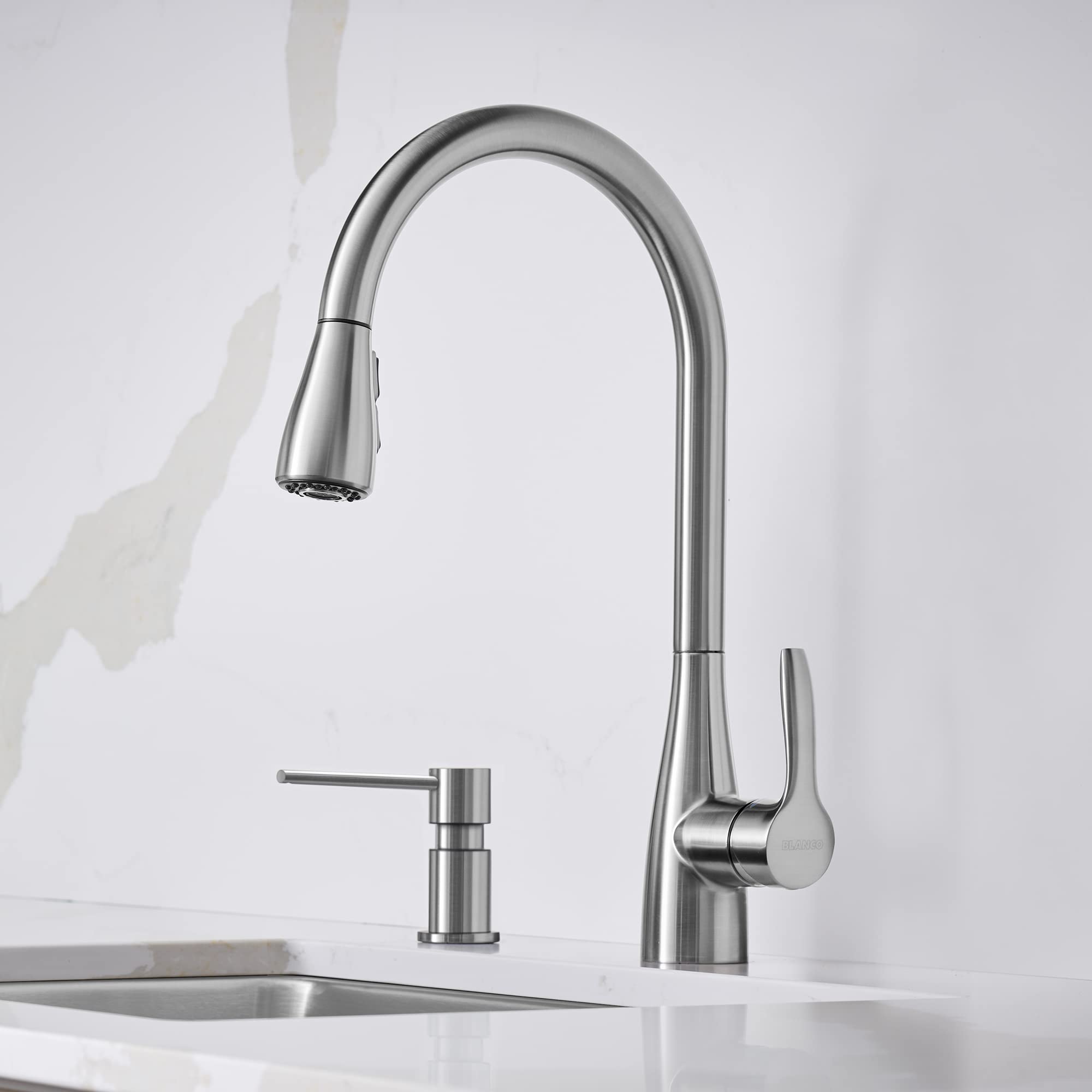 BLANCO, Stainless 442208 ATURA High Arc Pull-Down Dual Spray Kitchen Faucet, 1.5 GPM