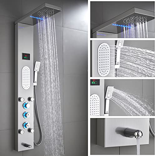 ELLO&ALLO LED Shower Panel Tower System, Rainfall and Mist Head Rain Massage Stainless Steel Shower Fixtures with Adjustable Body Jets, Brushed Nickel