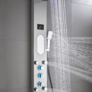 ELLO&ALLO LED Shower Panel Tower System, Rainfall and Mist Head Rain Massage Stainless Steel Shower Fixtures with Adjustable Body Jets, Brushed Nickel