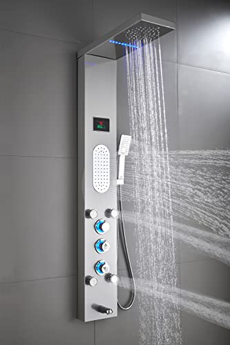 ELLO&ALLO LED Shower Panel Tower System, Rainfall and Mist Head Rain Massage Stainless Steel Shower Fixtures with Adjustable Body Jets, Brushed Nickel