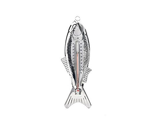 Kikkerland Hanging Fish Thermometer Chrome Plated Stainless Steel Farenheit/Celsius Indoor Outdoor