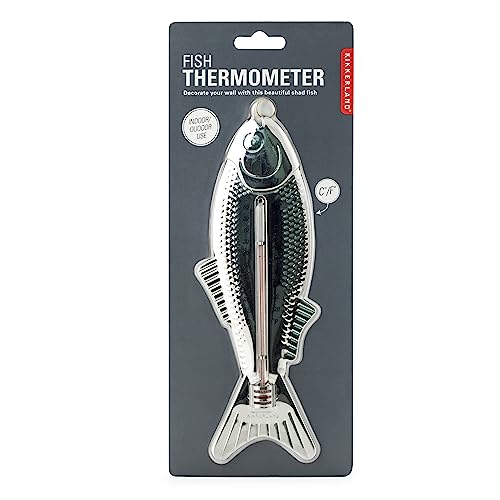 Kikkerland Hanging Fish Thermometer Chrome Plated Stainless Steel Farenheit/Celsius Indoor Outdoor