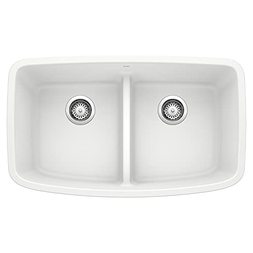 BLANCO, White 442199 VALEA SILGRANIT 50/50 Double Bowl Undermount Kitchen Sink with Low Divide, 32" X 19"