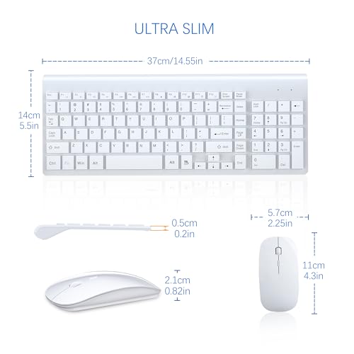 Wireless Keyboard and Mouse Ultra Slim Combo, TopMate 2.4G Silent Compact USB Mouse and Scissor Switch Keyboard Set with Cover, 2 AA and 2 AAA Batteries, for PC/Laptop/Windows/Mac - White