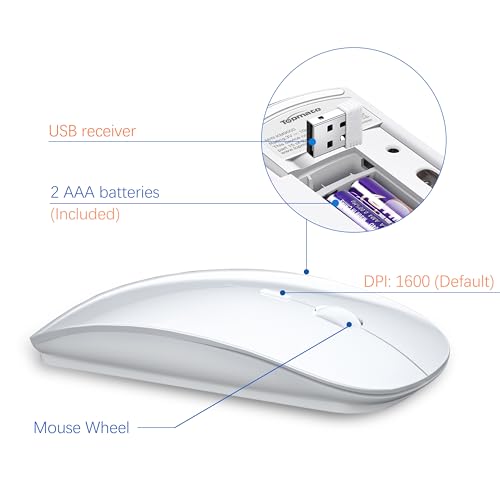 Wireless Keyboard and Mouse Ultra Slim Combo, TopMate 2.4G Silent Compact USB Mouse and Scissor Switch Keyboard Set with Cover, 2 AA and 2 AAA Batteries, for PC/Laptop/Windows/Mac - White