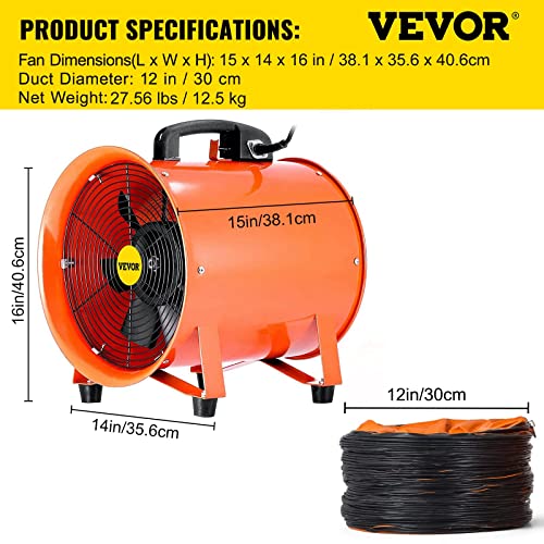 VEVOR Utility Blower/Exhaust Axial Hose Fan, 12 Inches, 3900 m3/h High Velocity Portable Ventilator, Low Noise Extractor Fan Blower with 16 ft / 5 m Duct Hose