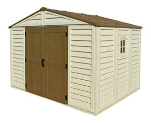 duramax 0638801402145 woodbridge plus 10.5 x 8 plastic garden shed with foundation kit & fixed window brown-15 years warranty, 10x8, brown & ivory