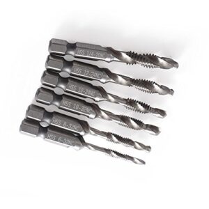 6pcs hex shank hss 4341 combination drill and tap bit set drill bit & screw tap deburr countersink bit 6-32nc 8-32 nc 10-32 nc 10-24 nc 12-24 nc 1/4-20 nc, set of 6 (silver hss 4341)