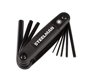 steelman portable folding hex key wrench metric multi-tool, set includes 1.5, 2, 2.5, 3, 4, 5, 6, and 8mm sizes, chamfered ends, steel, corrosion-resistant black oxide coating