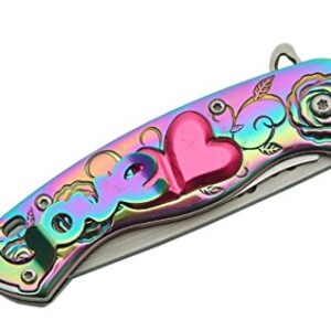 7" Cupid Heart Ladies Rainbow Pocket Knife with LOVE Pocket Clip Beautiful!