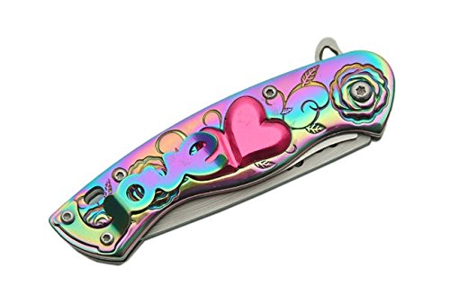 7" Cupid Heart Ladies Rainbow Pocket Knife with LOVE Pocket Clip Beautiful!