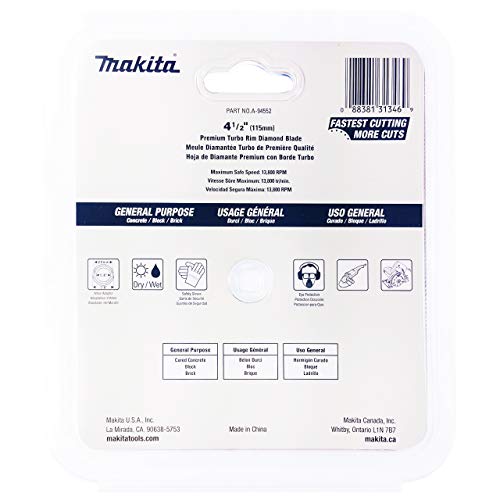 Makita 2 Pack - 4.5” Turbo Diamond Blades For Grinders & Circular Saws - Ultra-Fast Cutting For Concrete, Masonry & Brick - 5/8”, 20mm & 7/8” Arbors