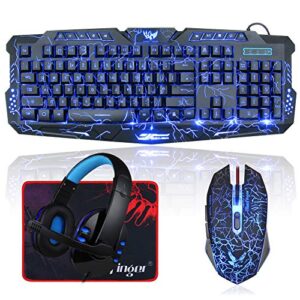 bluefinger backlit gaming keyboard and mouse and led headset combo,usb wired 3 color crack backlit keyboard,blue led light gaming headset,gaming keyboard mouse headphone set for work and game