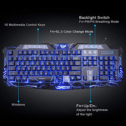 BlueFinger Backlit Gaming Keyboard and Mouse and LED Headset Combo,USB Wired 3 Color Crack Backlit Keyboard,Blue LED Light Gaming Headset,Gaming Keyboard Mouse Headphone Set for Work and Game