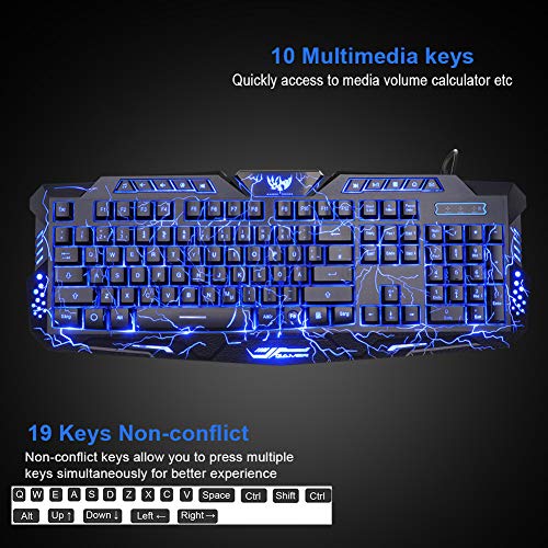 BlueFinger Backlit Gaming Keyboard and Mouse and LED Headset Combo,USB Wired 3 Color Crack Backlit Keyboard,Blue LED Light Gaming Headset,Gaming Keyboard Mouse Headphone Set for Work and Game