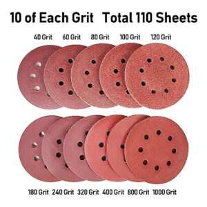 LotFancy Sanding Disc, 5 Inch 8 Hole, 110PCS, 40 60 80 100 120 180 240 320 400 800 1000 Grit Assorted Sand Paper, Hook and Loop Sandpaper Assortment, Random Orbital Sander Pads