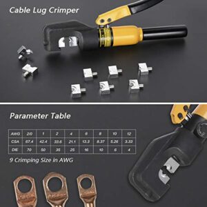 HYCLAT 10 Tons Hydraulic Crimping Tool Battery Cable Lug Terminal Crimper with 9 Pairs of Dies, 12 AWG to 2/0 AWG Wire Crimping Tool