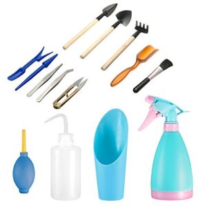 14 pieces succulent plants tools, mini garden hand tools miniature fairy garden tools kit bonsai tools planting set with scissors, mini rake, shovel, transplanting tool watering can etc