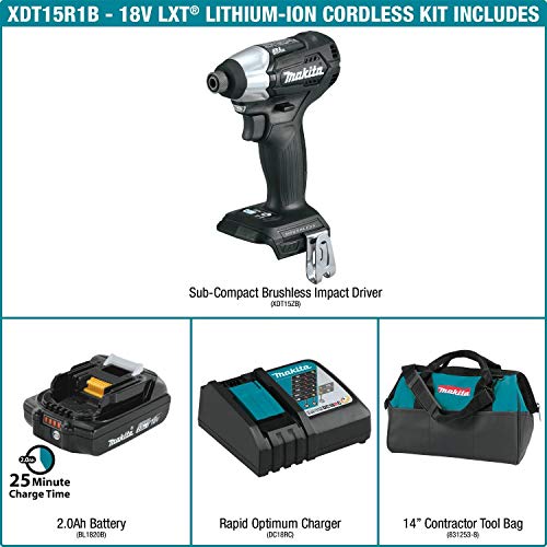 Makita XDT15R1B 18V LXT Lithium-Ion Sub-Compact Brushless Cordless Impact Driver Kit (2.0Ah)