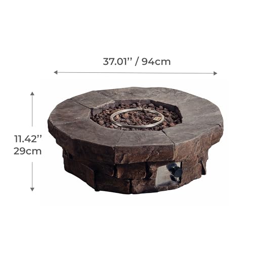 Teamson Home 50,000 BTU Round Concrete Look Steel Outdoor Fire Pit Outside Propane Gas Firepit with 13 Pounds Lava Rocks and PVC Cover for Outdoor Patio Backyard Deck Décor, 37 Inch, Dark Brown