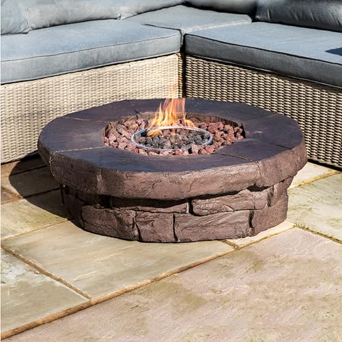 Teamson Home 50,000 BTU Round Concrete Look Steel Outdoor Fire Pit Outside Propane Gas Firepit with 13 Pounds Lava Rocks and PVC Cover for Outdoor Patio Backyard Deck Décor, 37 Inch, Dark Brown