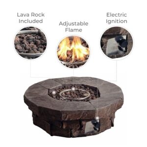 Teamson Home 50,000 BTU Round Concrete Look Steel Outdoor Fire Pit Outside Propane Gas Firepit with 13 Pounds Lava Rocks and PVC Cover for Outdoor Patio Backyard Deck Décor, 37 Inch, Dark Brown