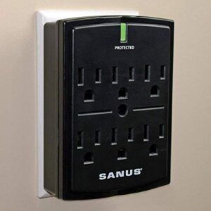 sanus on-wall low profile 1080j fireproof surge protector with 6 ac outlets & 3 lines of protection - includes power signal filtering black