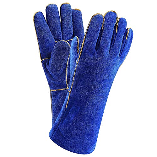 DEKO Welding Gloves Blue 14 inch Leather Forge Heat Resistant Welding Glove for Mig, Tig Welder, BBQ, Furnace, Camping, Stove, Fireplace and More