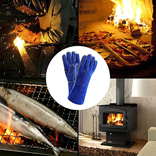 DEKO Welding Gloves Blue 14 inch Leather Forge Heat Resistant Welding Glove for Mig, Tig Welder, BBQ, Furnace, Camping, Stove, Fireplace and More