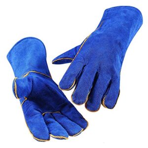 DEKO Welding Gloves Blue 14 inch Leather Forge Heat Resistant Welding Glove for Mig, Tig Welder, BBQ, Furnace, Camping, Stove, Fireplace and More