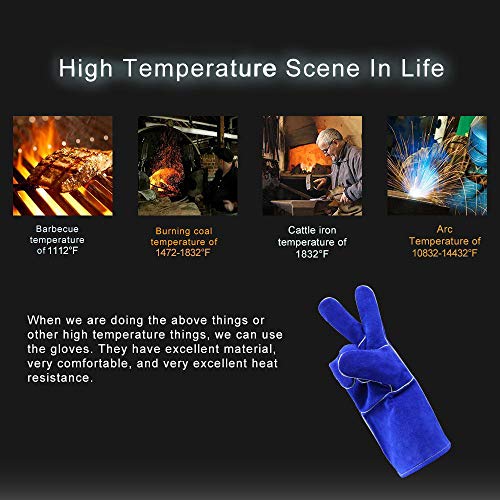 DEKO Welding Gloves Blue 14 inch Leather Forge Heat Resistant Welding Glove for Mig, Tig Welder, BBQ, Furnace, Camping, Stove, Fireplace and More