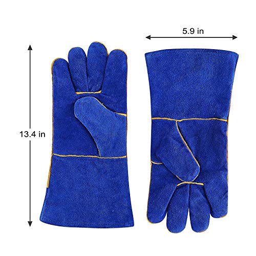 DEKO Welding Gloves Blue 14 inch Leather Forge Heat Resistant Welding Glove for Mig, Tig Welder, BBQ, Furnace, Camping, Stove, Fireplace and More