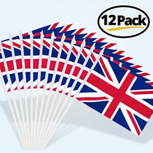 Anley British Union Jack UK Mini Flag 12 Pack - Hand Held Small Miniature Great Britain Flags on Stick - Fade Resistant & Vivid Colors - 5x8 Inch with Solid Pole & Spear Top