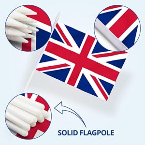 Anley British Union Jack UK Mini Flag 12 Pack - Hand Held Small Miniature Great Britain Flags on Stick - Fade Resistant & Vivid Colors - 5x8 Inch with Solid Pole & Spear Top