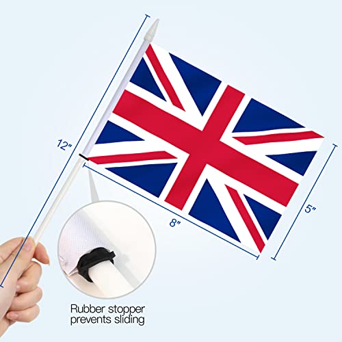 Anley British Union Jack UK Mini Flag 12 Pack - Hand Held Small Miniature Great Britain Flags on Stick - Fade Resistant & Vivid Colors - 5x8 Inch with Solid Pole & Spear Top