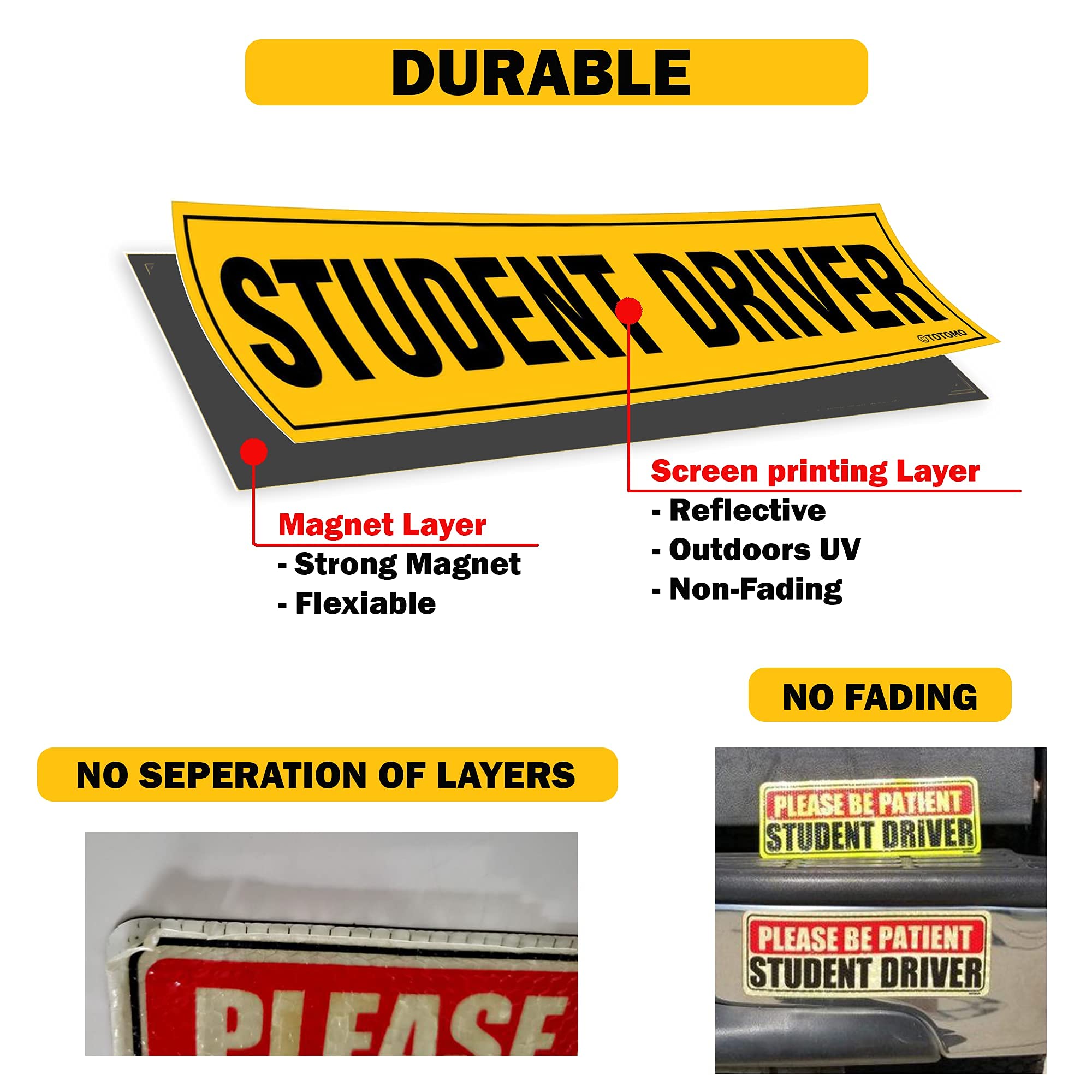 TOTOMO Student Driver Magnet for Car Sign - Large 12"x3" Magnetic Reflective Vehicle Safety for New Rookie Learner Drivers Removable Bumper Sticker Please Be Patient (2 Pack)