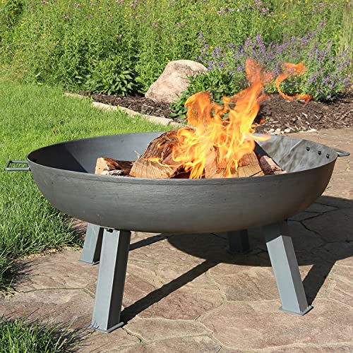 Sunnydaze 34-Inch Rustic Cast Iron Outdoor Raised Fire Pit Bowl with Handles - Steel Finish