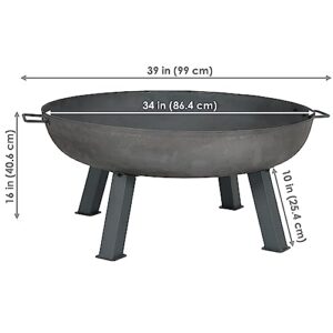 Sunnydaze 34-Inch Rustic Cast Iron Outdoor Raised Fire Pit Bowl with Handles - Steel Finish