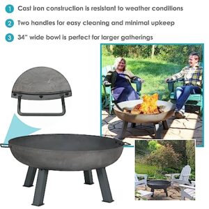 Sunnydaze 34-Inch Rustic Cast Iron Outdoor Raised Fire Pit Bowl with Handles - Steel Finish