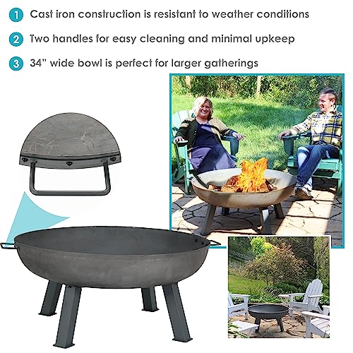 Sunnydaze 34-Inch Rustic Cast Iron Outdoor Raised Fire Pit Bowl with Handles - Steel Finish