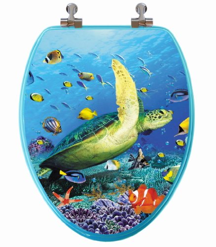 TOPSEAT 3D Ocean Series Elongated Toilet Seat w/Chromed Metal Hinges, Wood, Sea Turtle