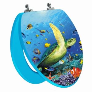 TOPSEAT 3D Ocean Series Elongated Toilet Seat w/Chromed Metal Hinges, Wood, Sea Turtle