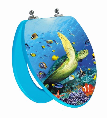 TOPSEAT 3D Ocean Series Elongated Toilet Seat w/Chromed Metal Hinges, Wood, Sea Turtle